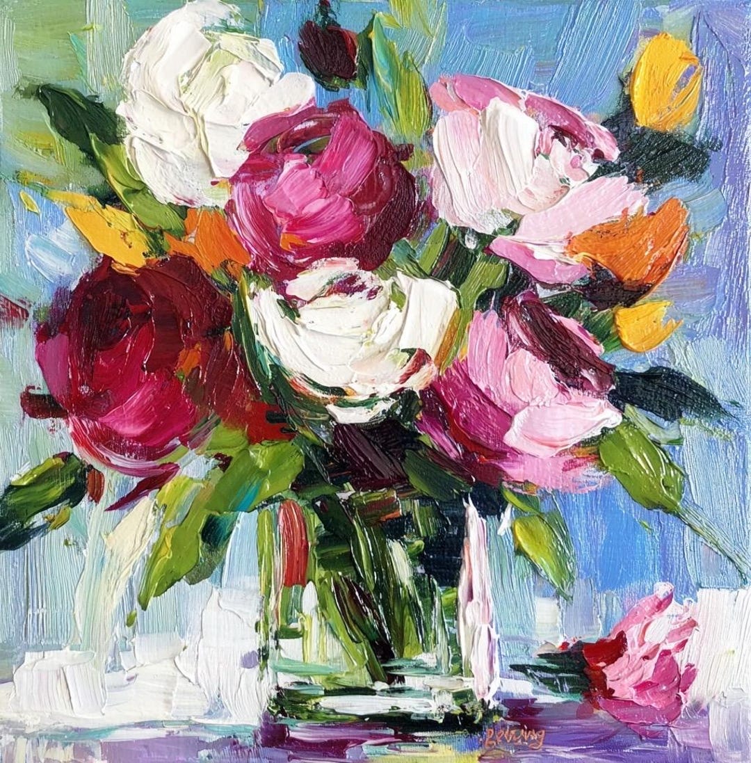 Roses Textured Original Oil Painting Impasto Wall Art Floral Bouquet 12 ...