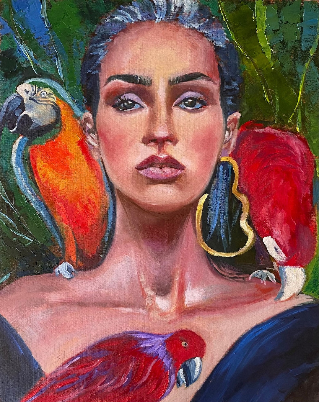 Beautiful Young Lady With Parrots Original Oil Painting 16”x20”on ...