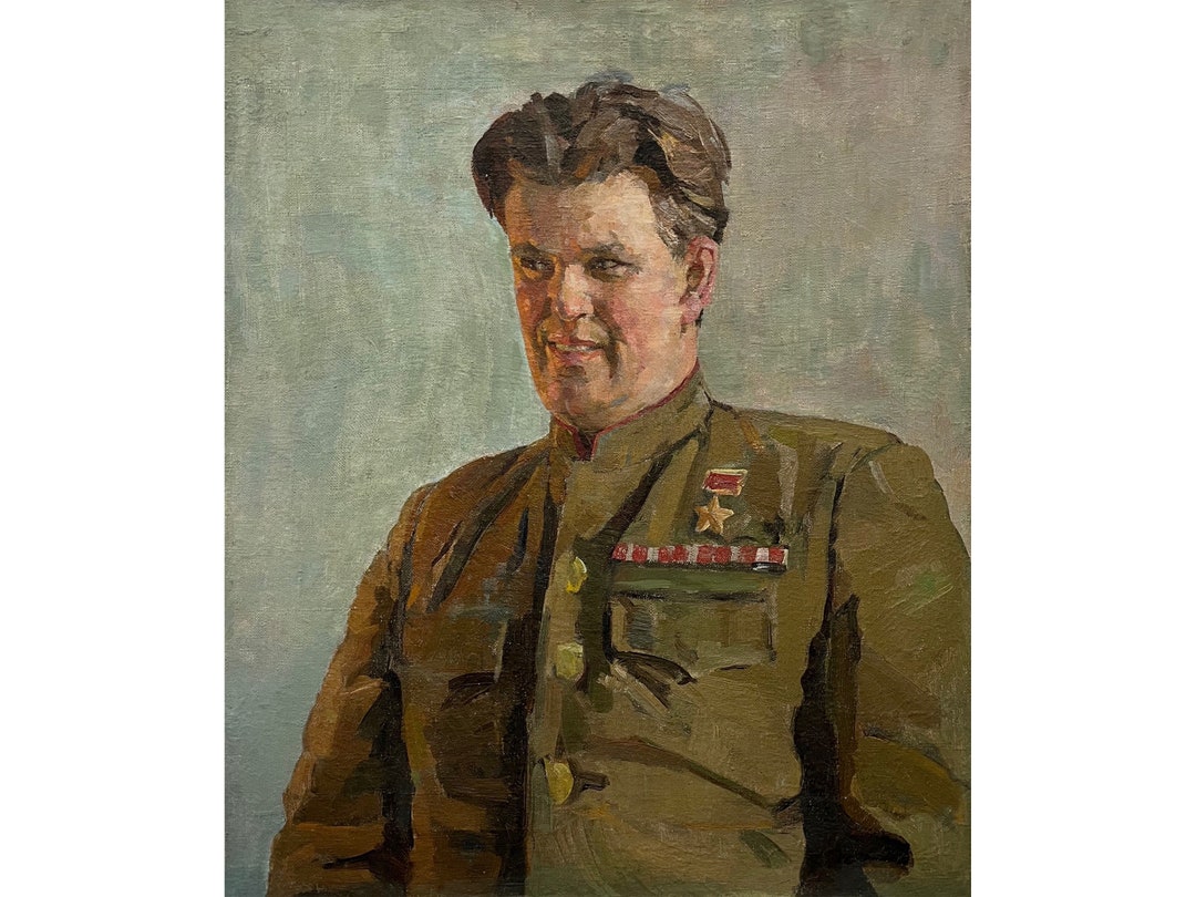 VINTAGE 1950s UKRAINIAN Military Man PORTRAIT - Male Figure Artwork ...
