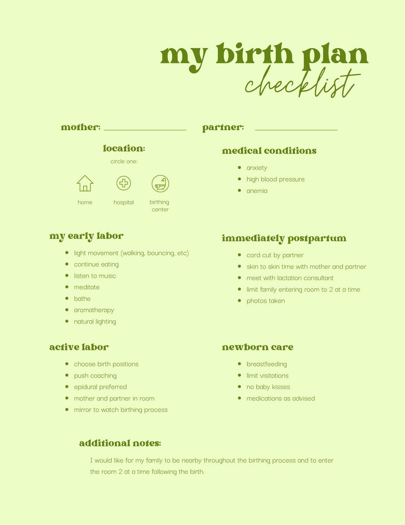 Plan de parto moderno verde visual / Plan de parto imprimible - Etsy México