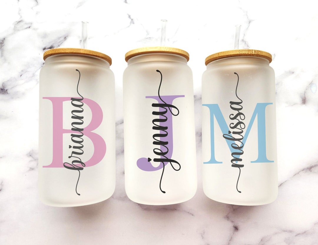 Custom Name Initial Swirl Cursive 16 Oz Frosted Glass Can, Gift for Her ...