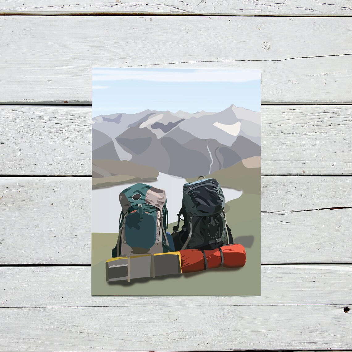 Backpacking Postcard Two Backpacks With Mountains and Lake Adventure ...