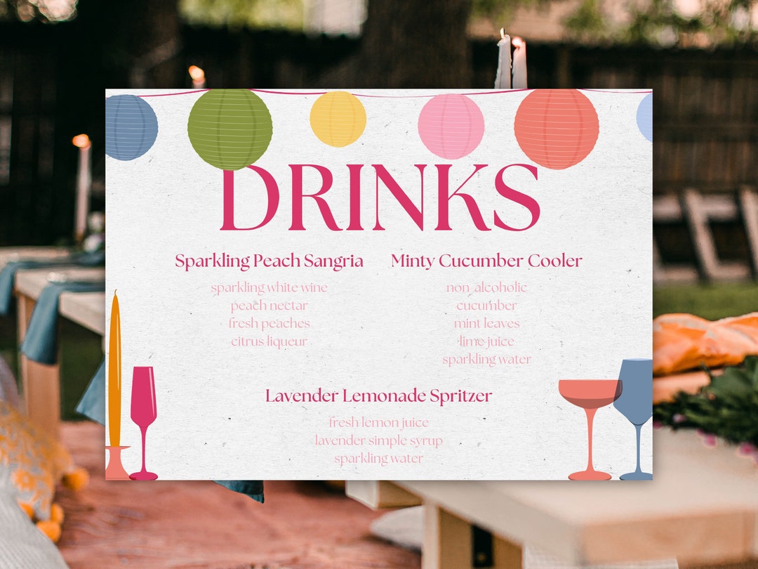 Colorful Dinner Party Drink Menu, Illustrated Garden Party, Bright ...