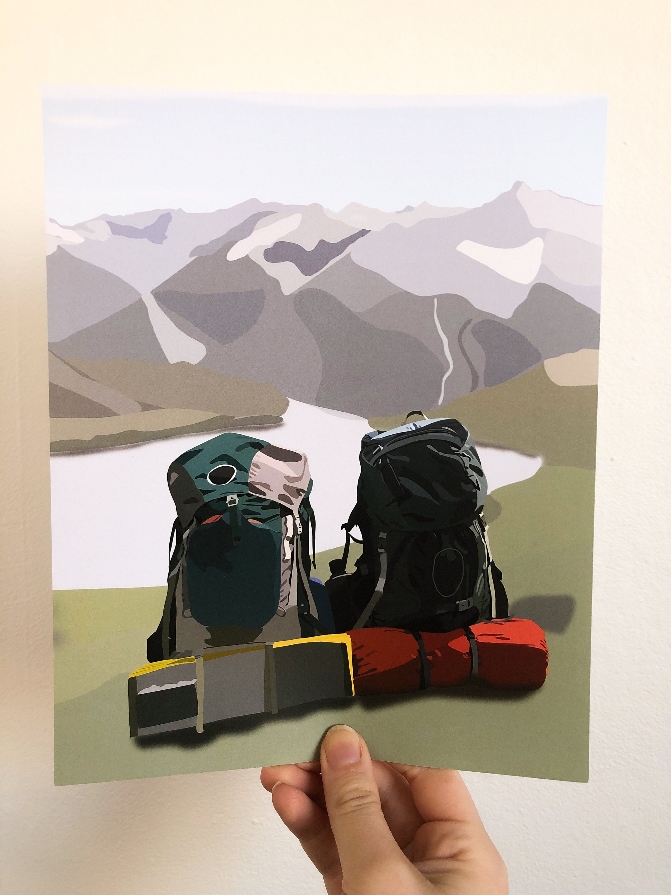 Backpacking Art Print Two Backpacks With Mountains and Lake Adventure ...
