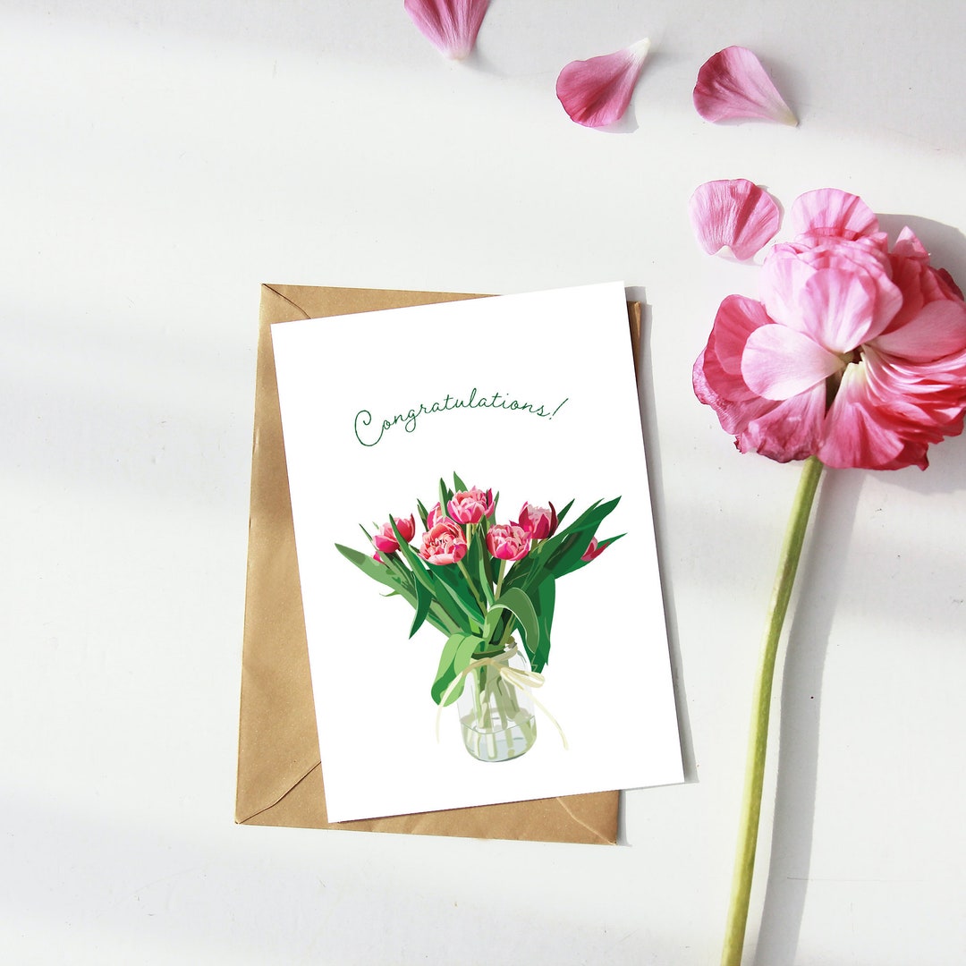 Congratulations Card | Illustrated Bouquet of Pink Flowers | Wedding ...