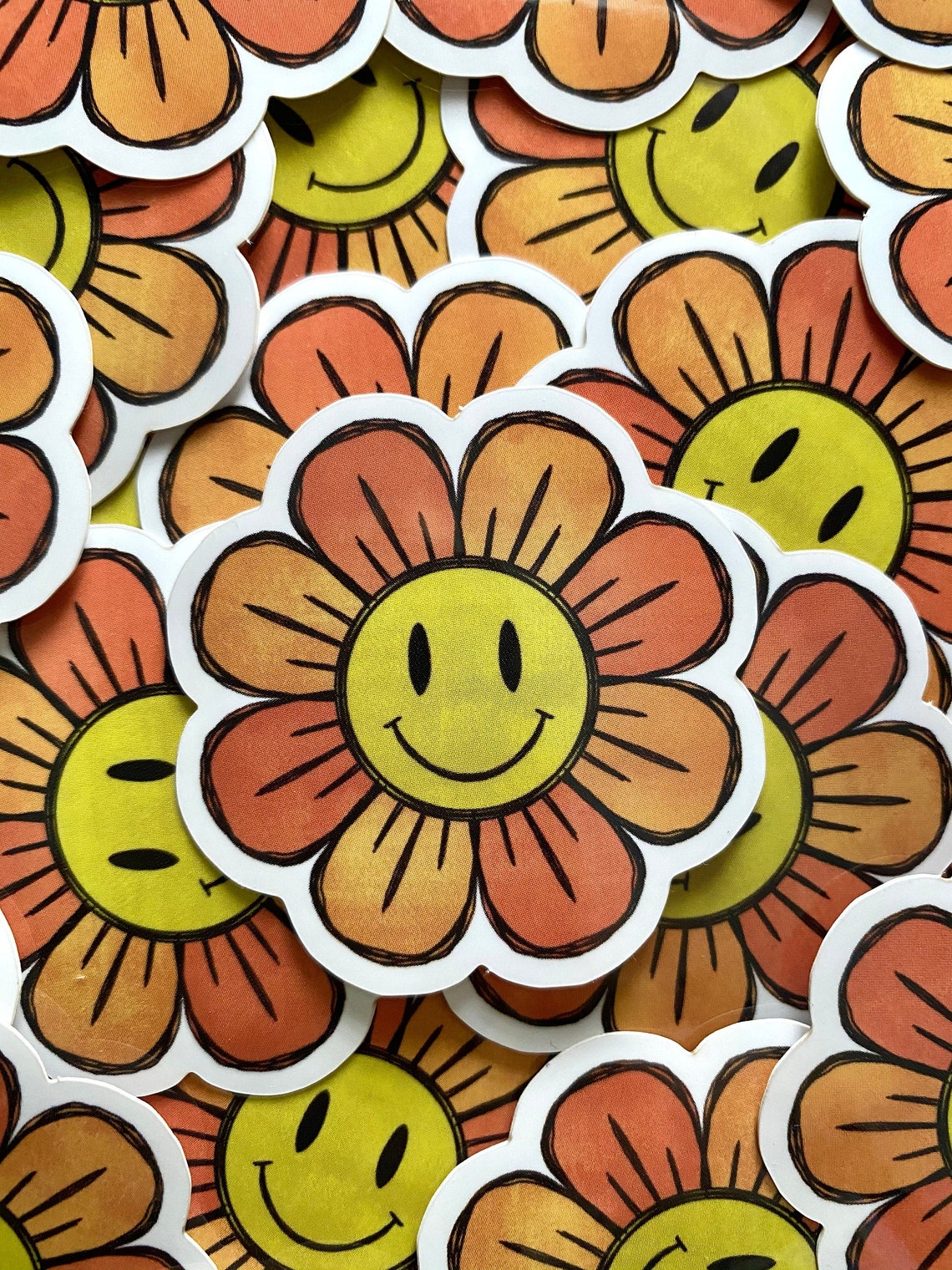 70s Inspired Floral Smiley Face Sticker - Etsy