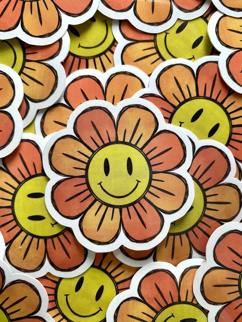 70s Inspired Floral Smiley Face Sticker - Etsy