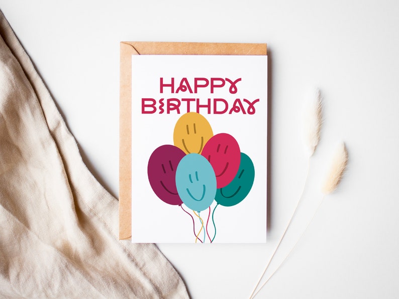 Smiley Balloons Funky Happy Birthday Greeting Card Blank Birthday Card ...