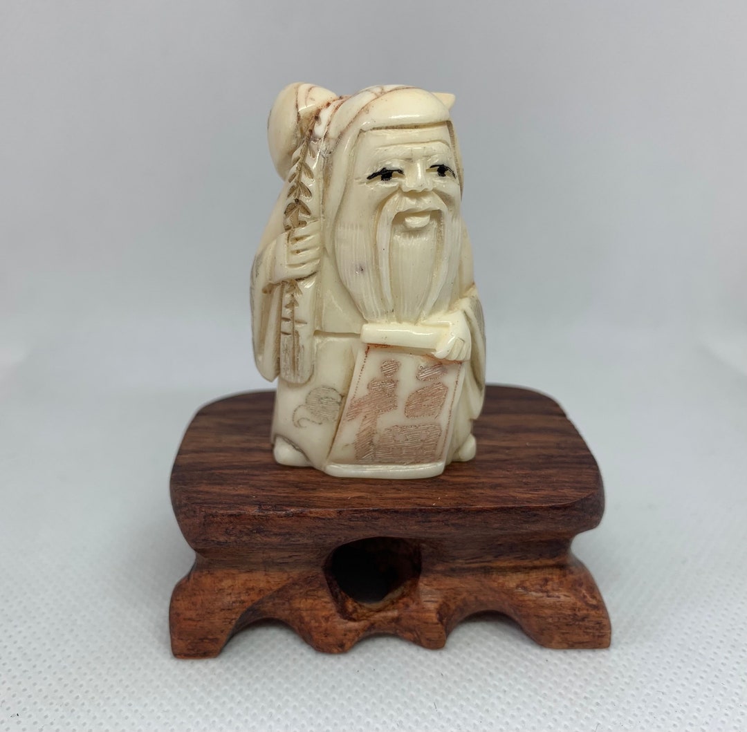Netsuke Super Asian Faux Bone Signed With Boxwood Stand Japanese Style ...