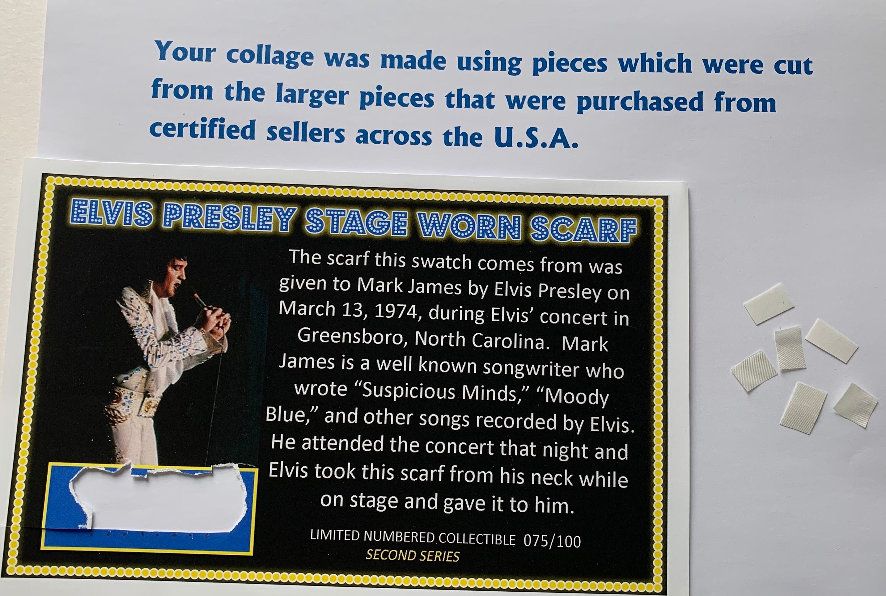 Elvis Presley the King Worn Concert Scarf Piece Montage Memphis Legend ...
