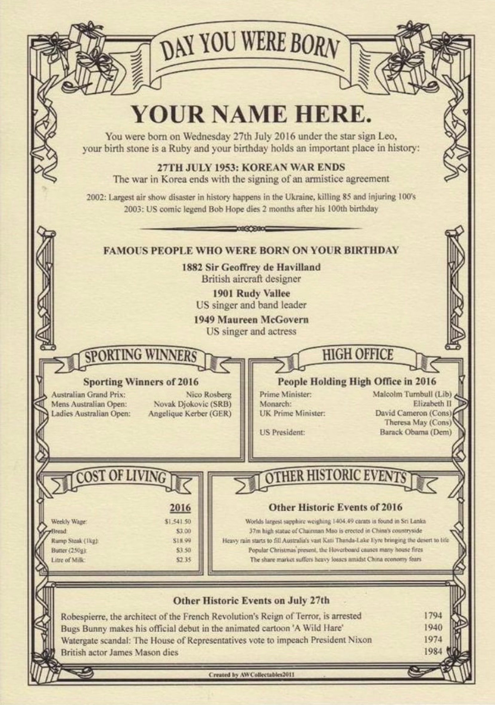 Day You Were Born Personalised Print on A4 Parchment Paper Birthday ...