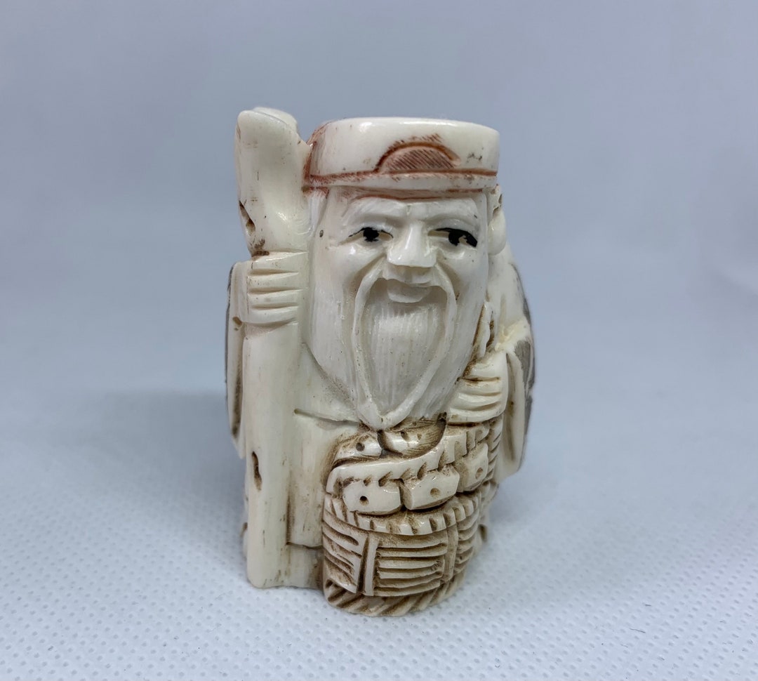 Netsuke Super Asian Faux Bone Signed Japanese Style E Carved Coloured ...