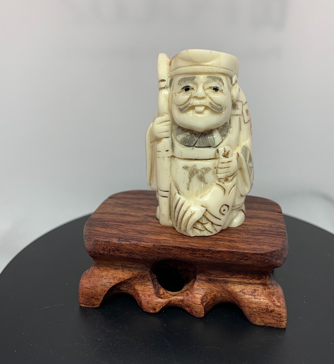 Netsuke Super Asian Faux Bone Signed With Boxwood Stand Japanese Style ...