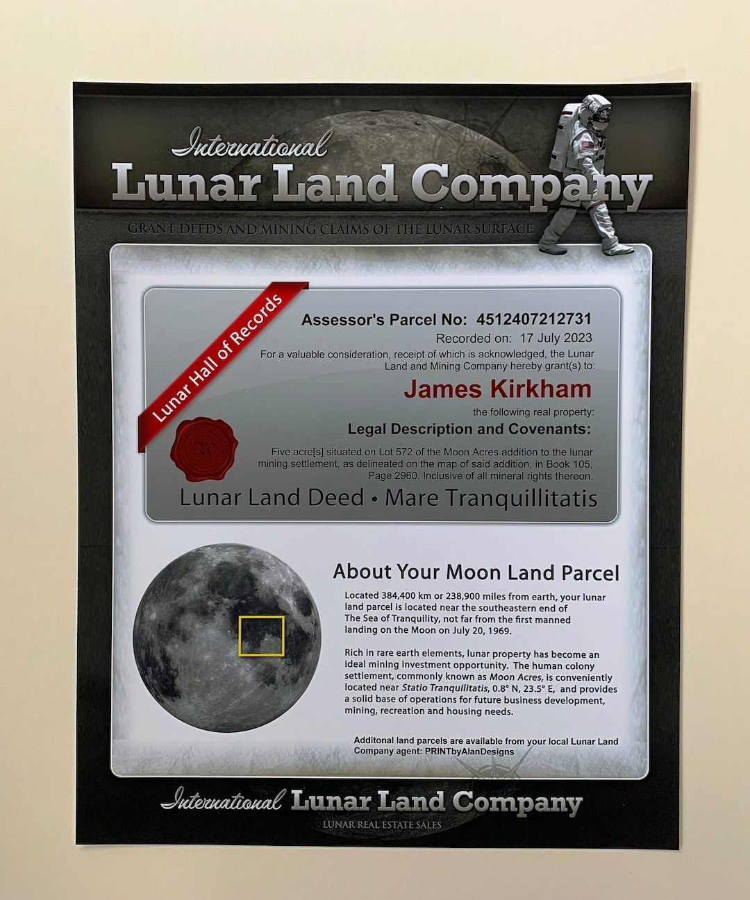 Lunar Land Company (moon) Land Deed Share Certificate Own a Piece of ...