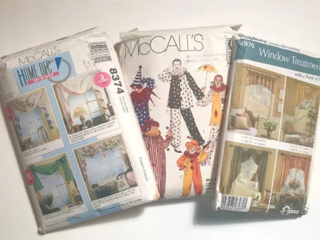Vintage 3 Pc Sewing Pattern Lot Clown Costume & Window Treatments Uncut ...