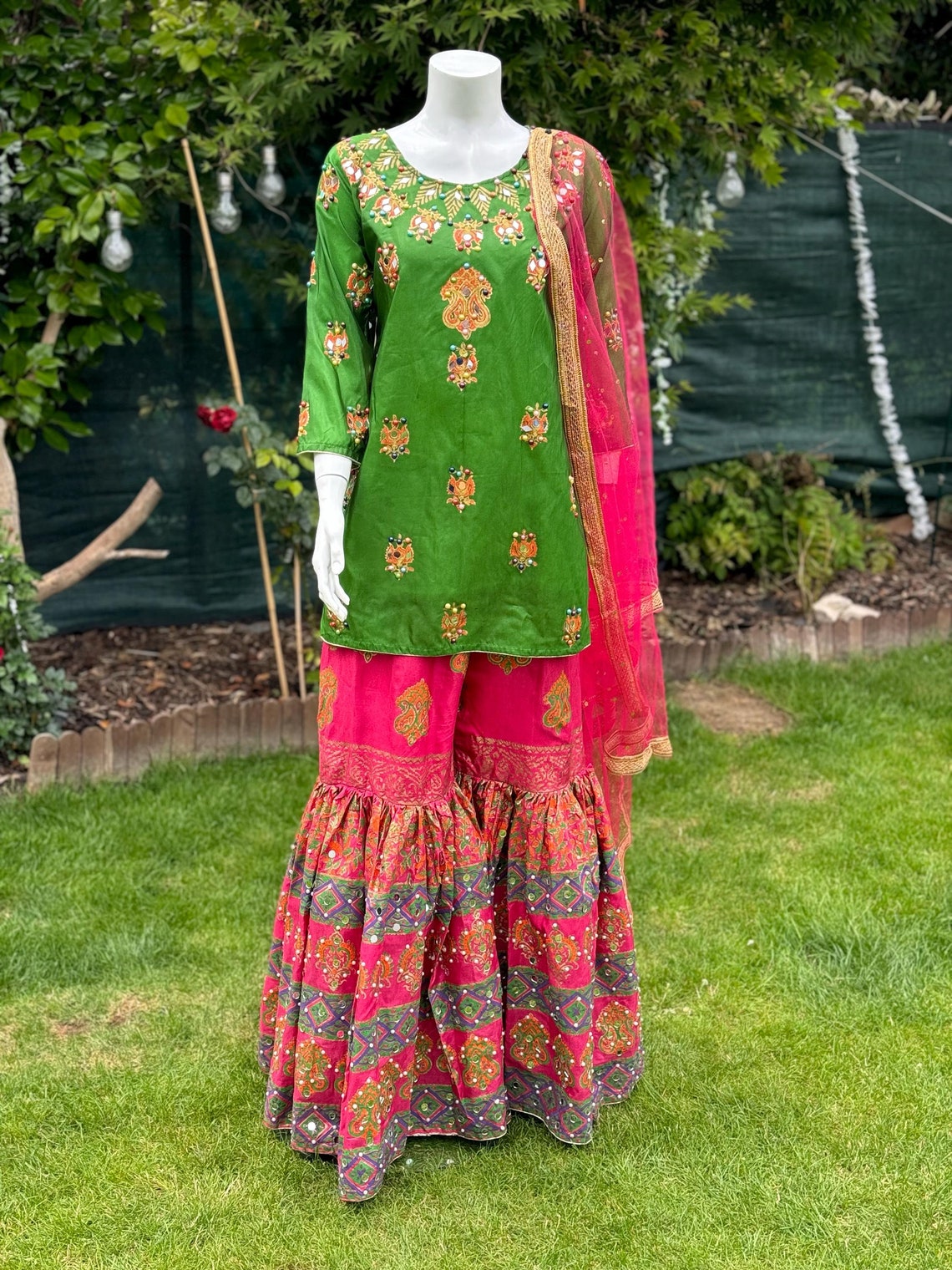 Mehndi Block Printed Mirrorwork Embroidered Silk Gharara Choli in Pink ...