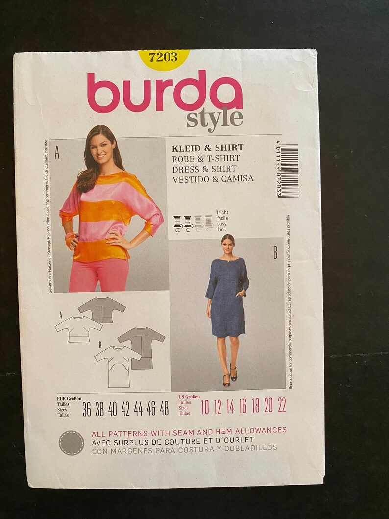 Burda Style 7203 Sewing Pattern: Top or Dress, Size 10-22 - Etsy