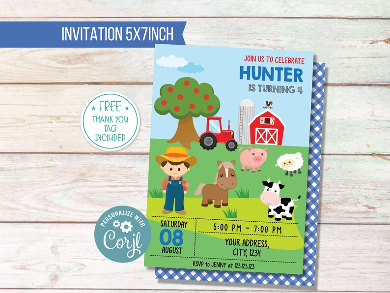 Farm Theme Birthday Invitation Boy, Printable and Customizable Party ...