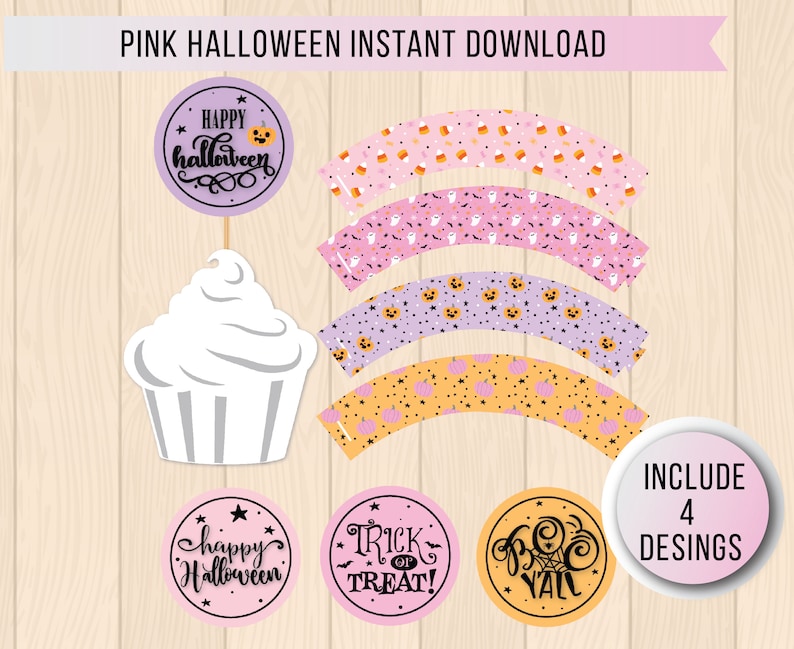 Pink Halloween Cupcake Toppers Printable Pink Halloween Cupcake Wrapper ...