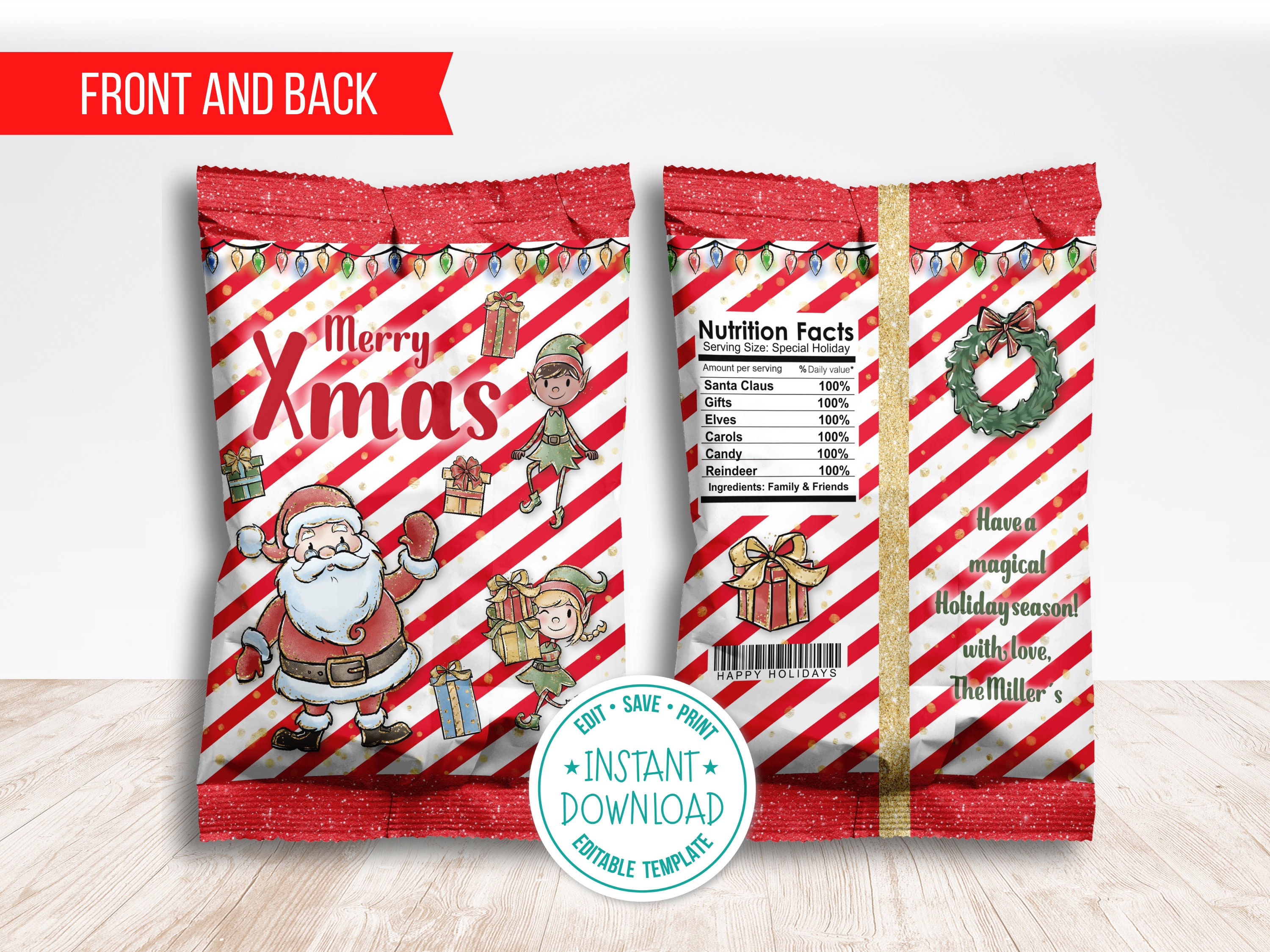 Editable Christmas Chip Bag Label, Happy Holidays, Favor Treat Bags ...