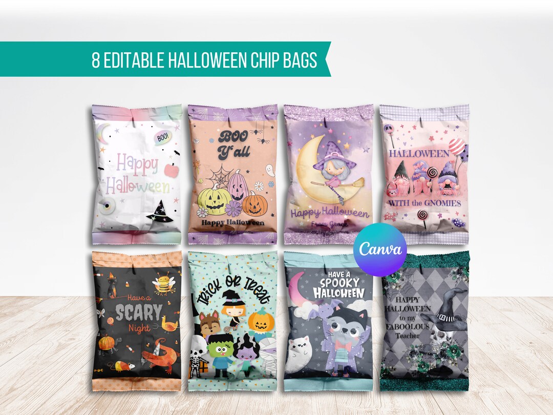 Halloween Chip Bag Labels, Spooky Favor Treat Bags, Editable With Canva ...