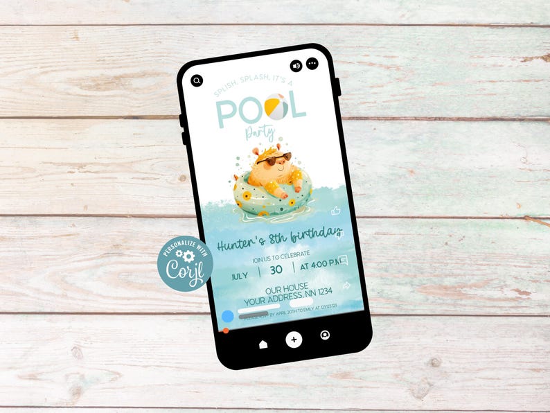 Capybara Pool Party Birthday Invitation | Summer Editable Kids Invite ...