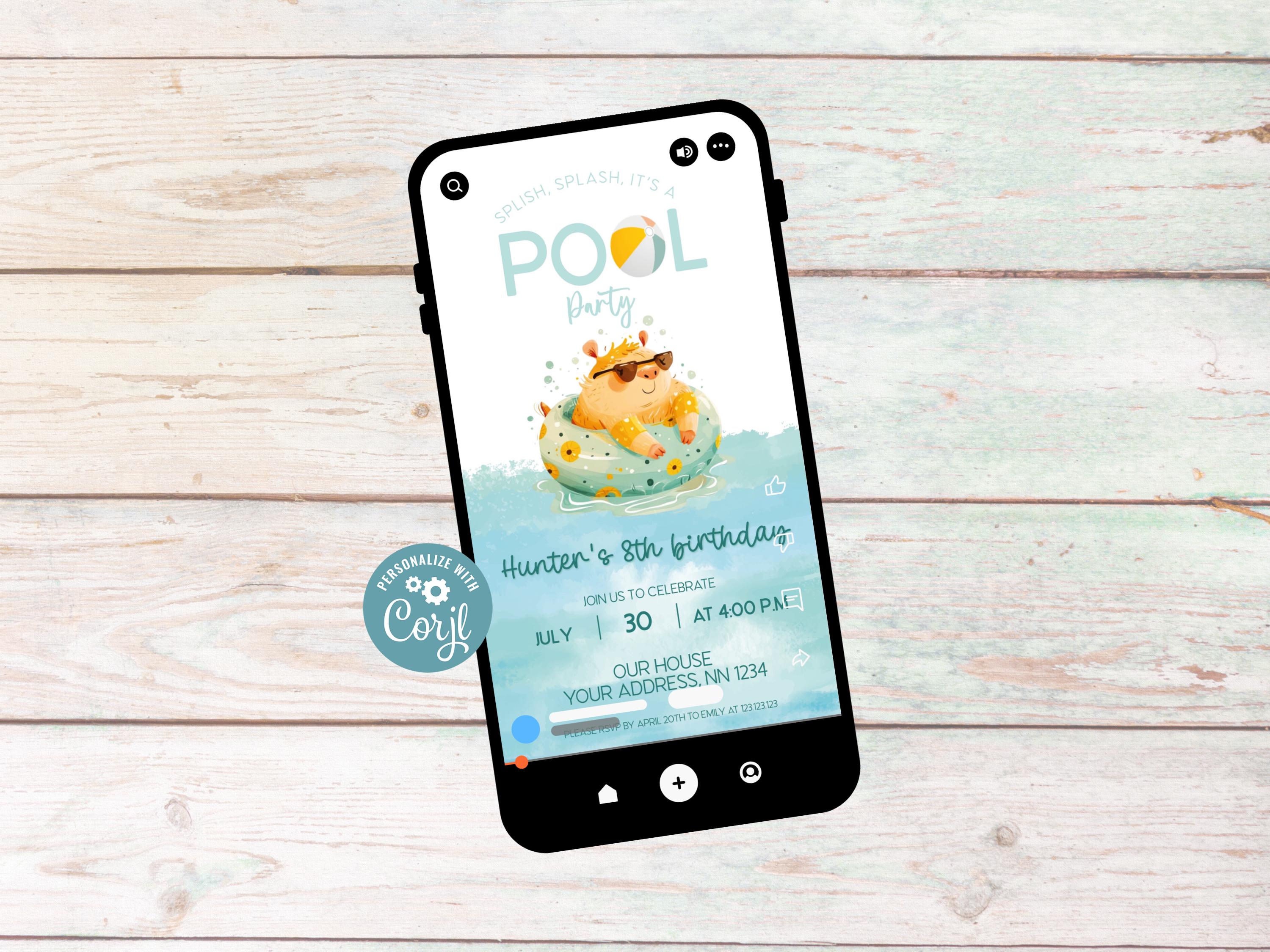 Capybara Pool Party Birthday Invitation | Summer Editable Kids Invite ...