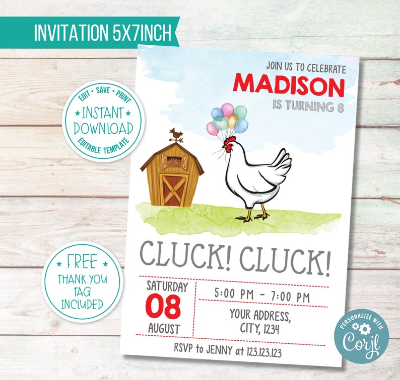 Chicken Birthday Party Invitation Barnyard Party Invite Personalize ...