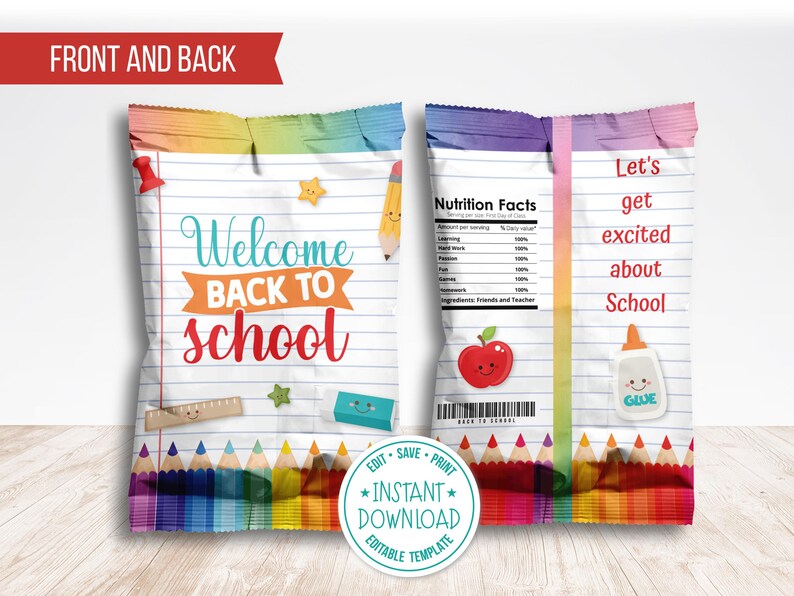 Back to School Chip Bag Labels, Printable and Customizable, School ...
