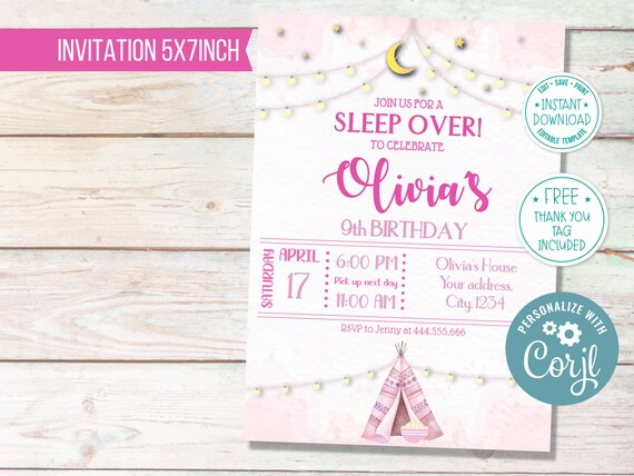 Slumber Party Tent Editable Invitation Sleepover Party | Etsy
