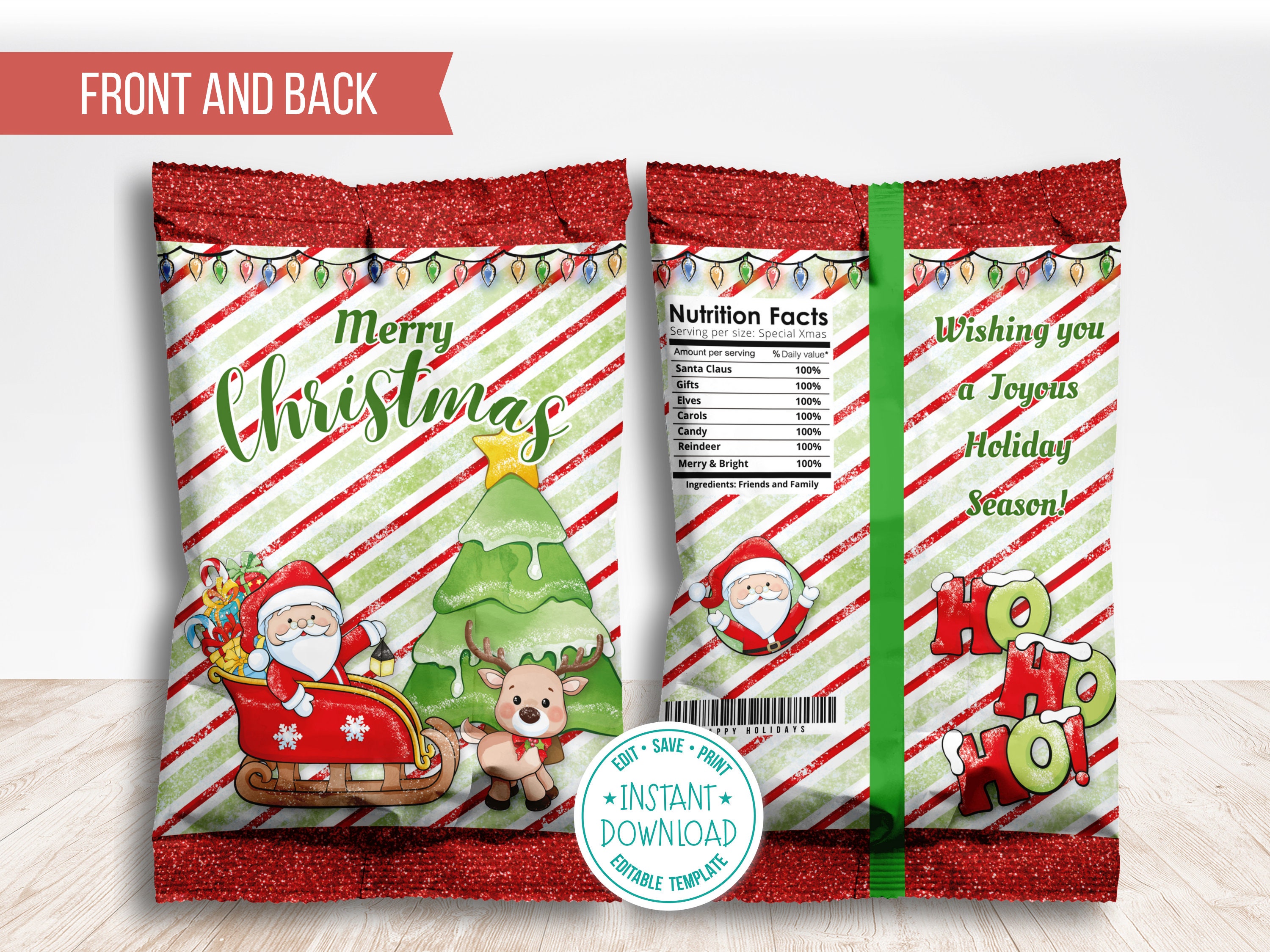 Christmas Chip Bag Labels, Holiday Custom Favor Bags, Editable With ...