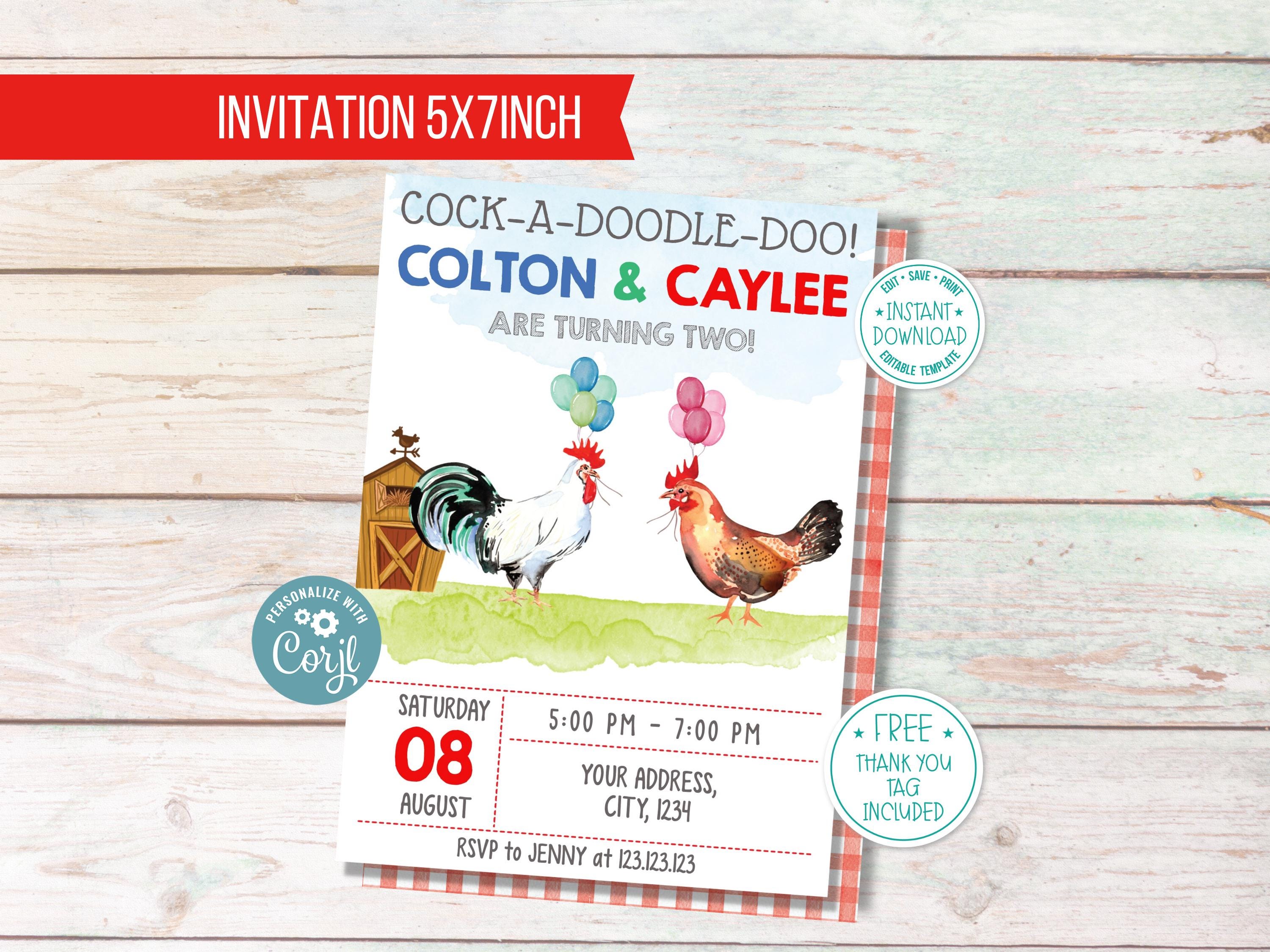 Chicken Birthday Party Invitation, Chicken and Rooster Party Invite ...