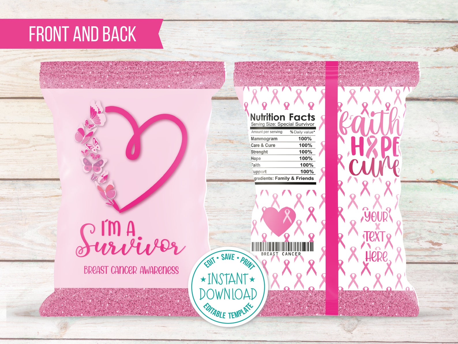 Breast Cancer Awareness Chip Bag Label Im a Survivor Editable - Etsy