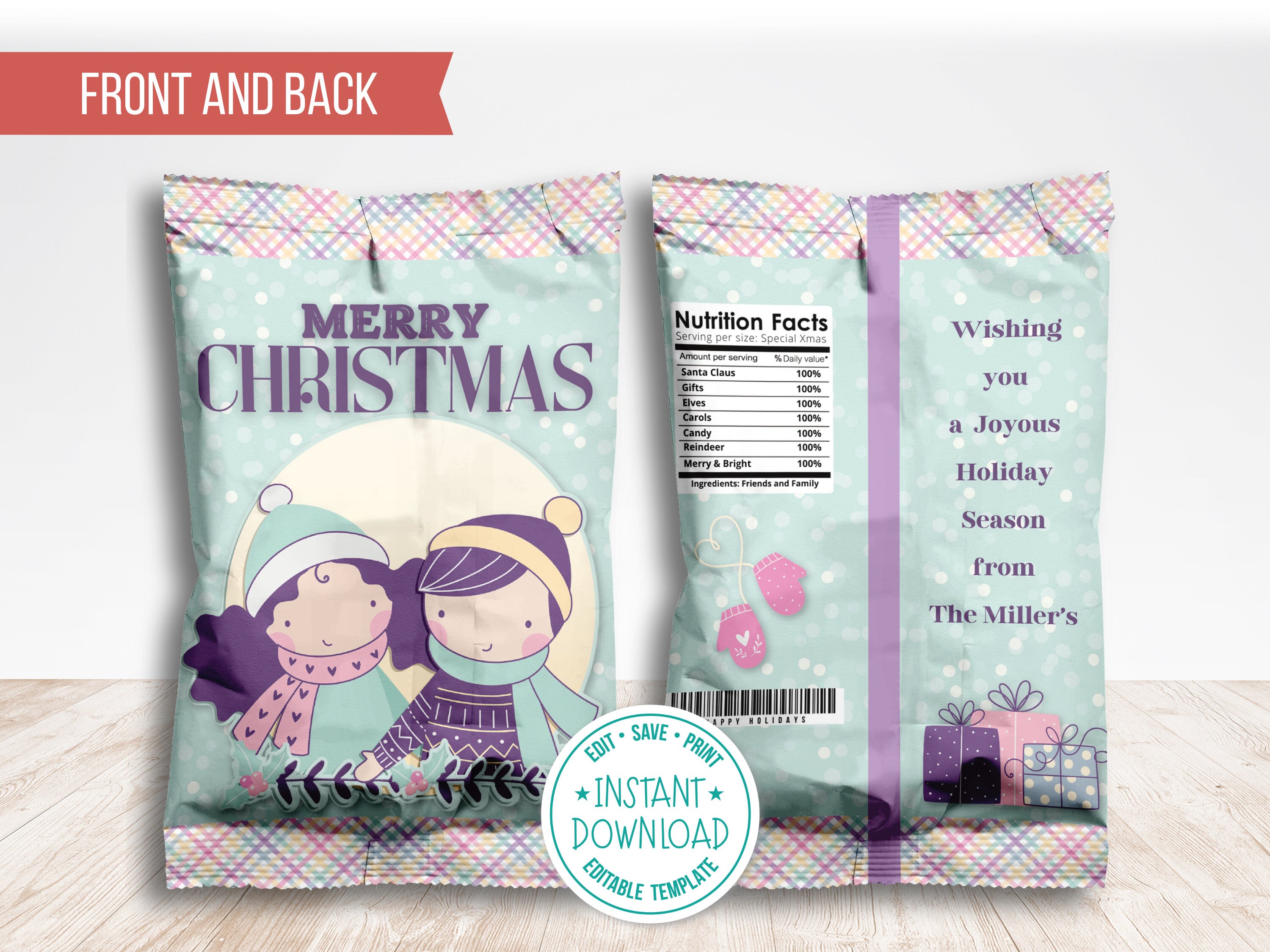 Christmas Chip Bag Labels, Holiday Custom Favor Bags, Editable With ...