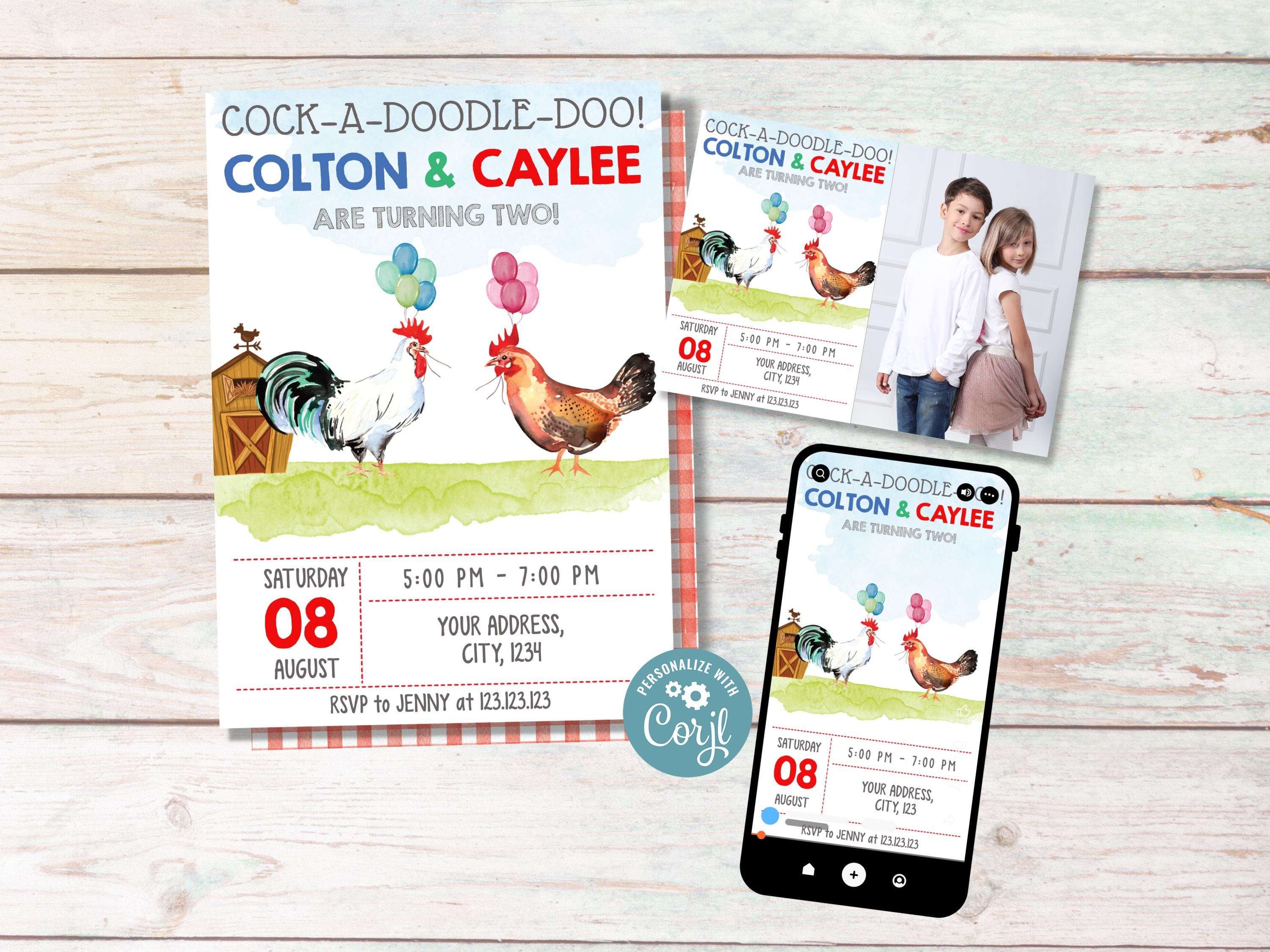 Chicken Birthday Party Invitation, Chicken and Rooster Party Invite ...