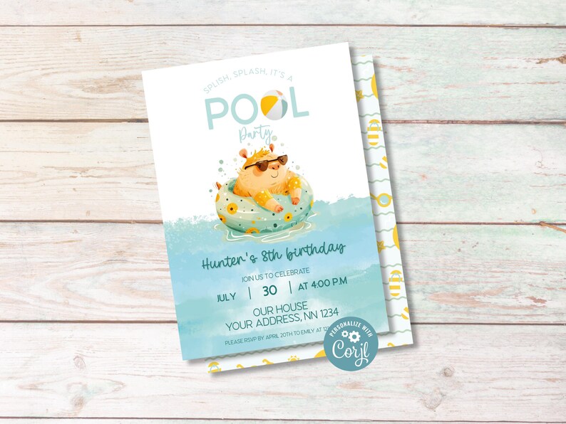 Capybara Pool Party Birthday Invitation | Summer Editable Kids Invite ...