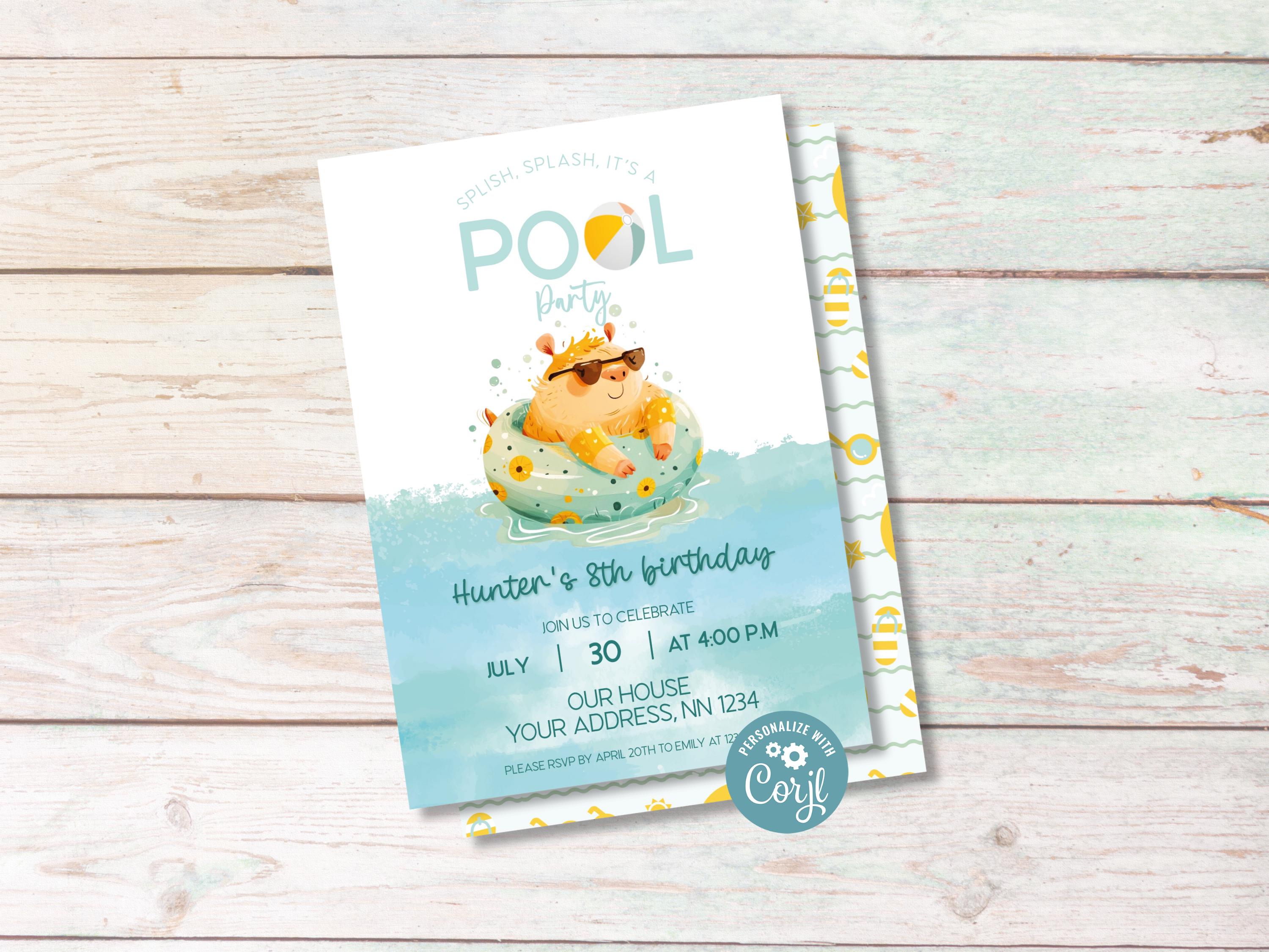 Capybara Pool Party Birthday Invitation | Summer Editable Kids Invite ...