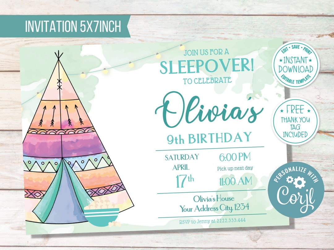 Sleepover Birthday Invite Digital Slumber Party Tent Editable - Etsy