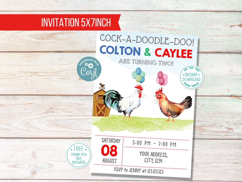Chicken Birthday Party Invitation, Chicken and Rooster Party Invite ...