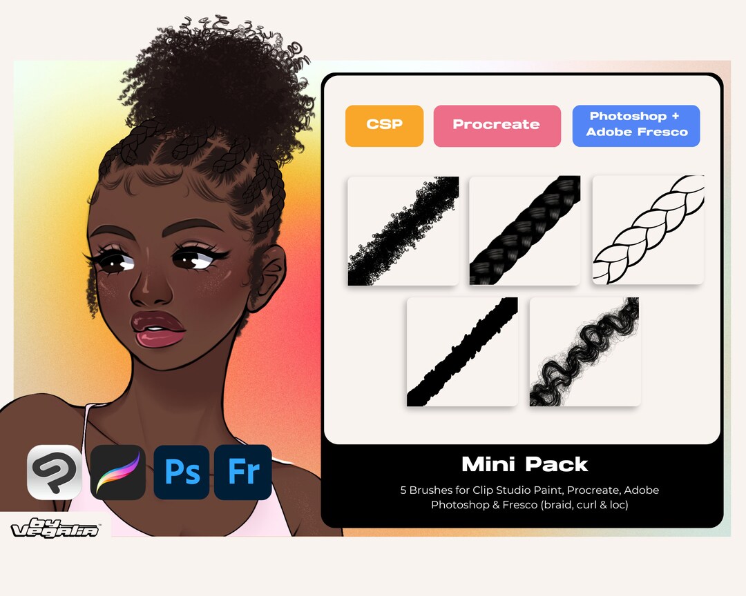 Hair Brush Mini Pack: Braid, Curl, Loc - Procreate, Photoshop (digital ...