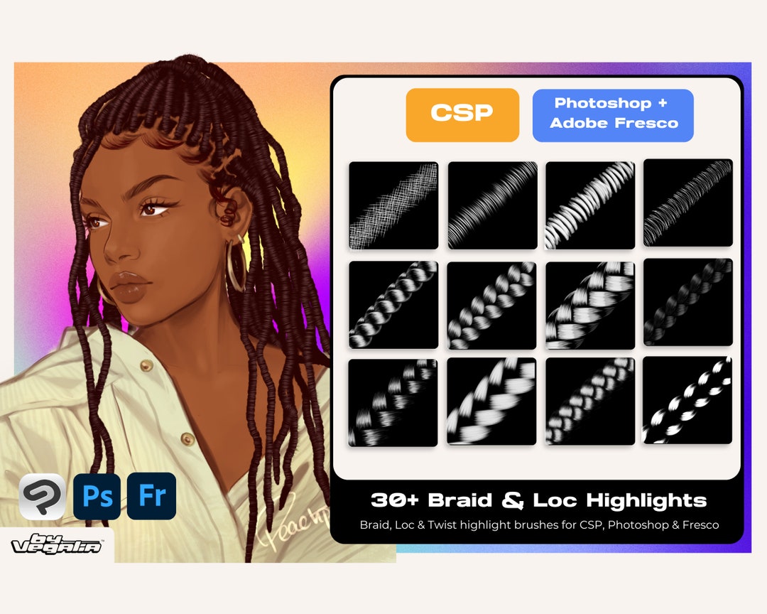 Braid and Loc Highlight Brushes: Photoshop, Fresco, Clip Studio Paint ...