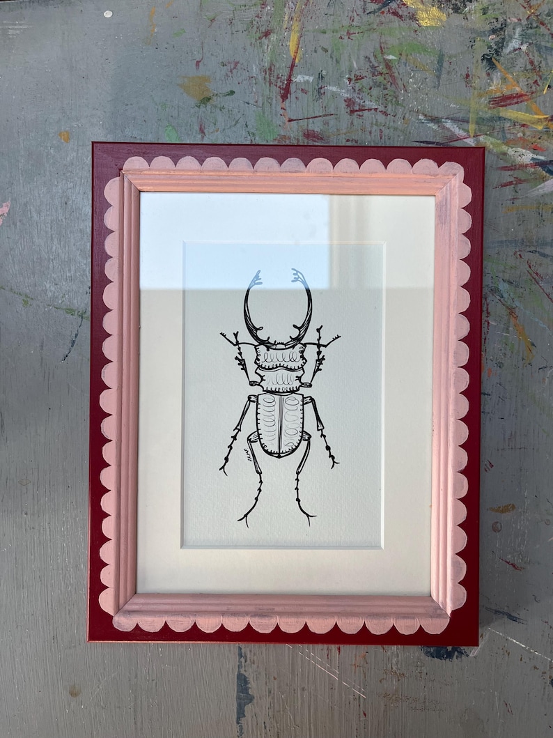 Hand-painted Scalloped Picture Frame: Beetle Art Print, Home Decor - Etsy