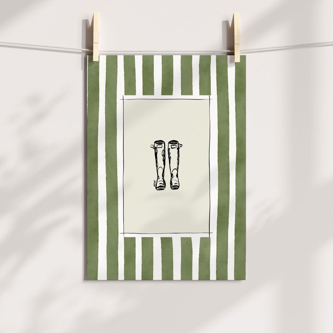 Wellies Art Print: Green Watercolor Stripe, Line Drawing - Etsy