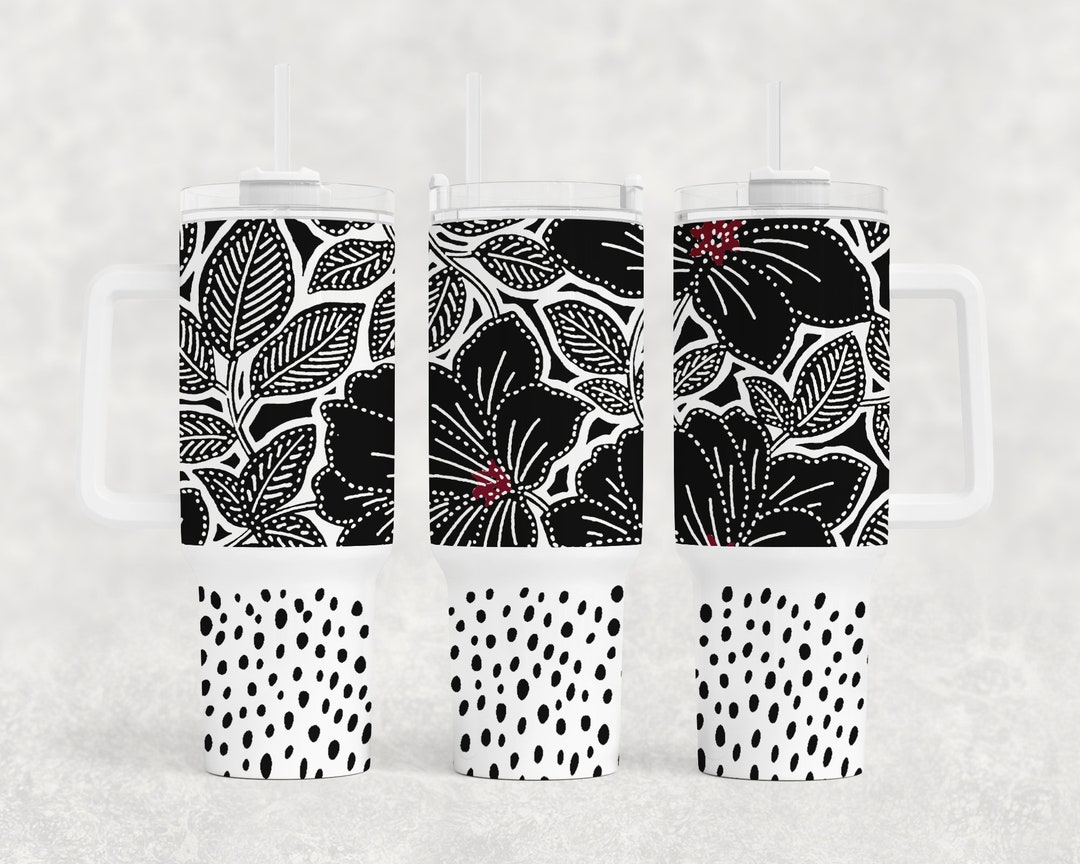 Black White Floral Black Spots Design 40 Oz 2 Piece Tumbler Sublimation ...
