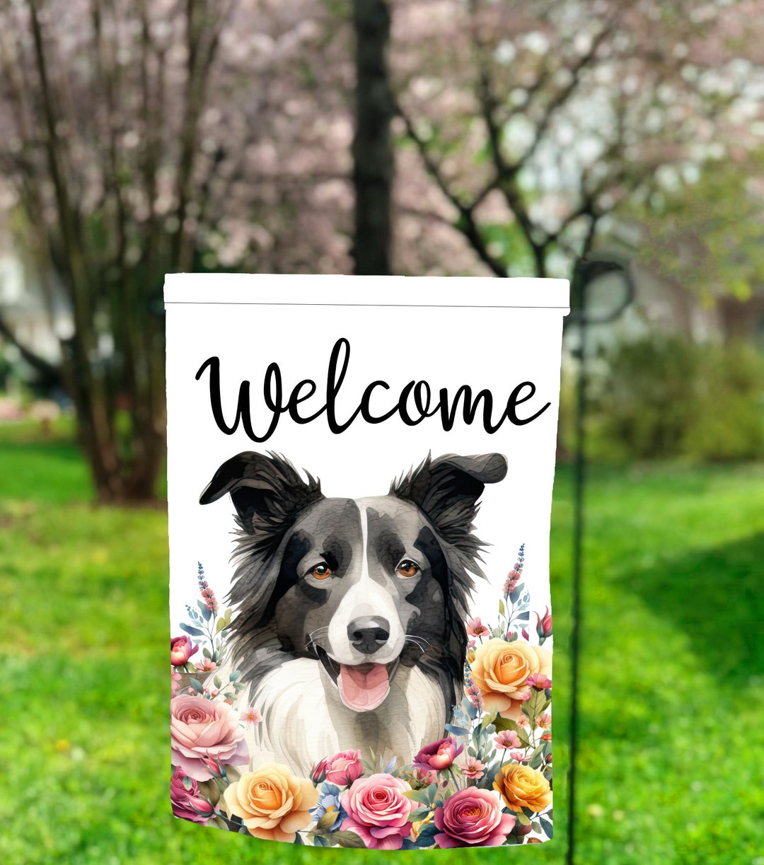 Floral Border Collie Dog Welcome Garden Flag PNG 12 X 18 Sublimation ...