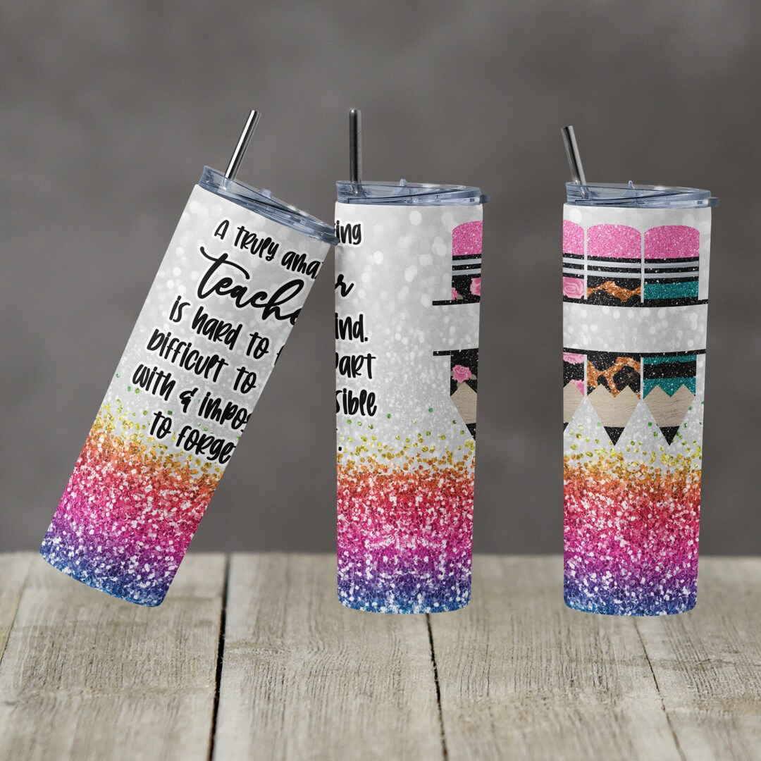 20 Oz Skinny Tumbler Rainbow Glitter Teacher Tumbler Pencil Monogram ...