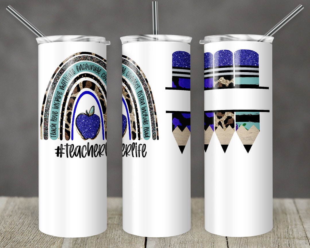 20 Oz Skinny Tumbler Rainbow Navy Blue Glitter Teacher Tumbler Full ...