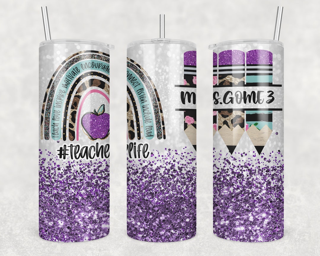 20 Oz Skinny Tumbler Rainbow Purple Glitter Teacher Tumbler Pencil ...