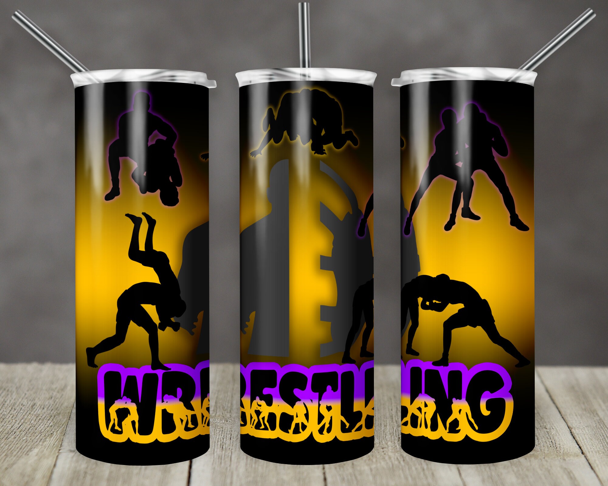 20 Oz Skinny Tumbler Monogram Wrestling Image Gold and Purple ...