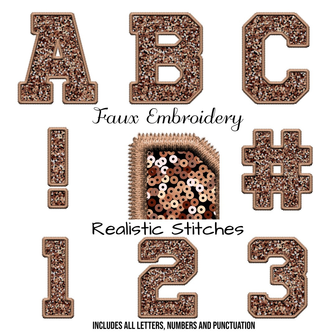 Alphabet Faux Embroidery Sequin Brown Tan All Letters, Numbers and ...